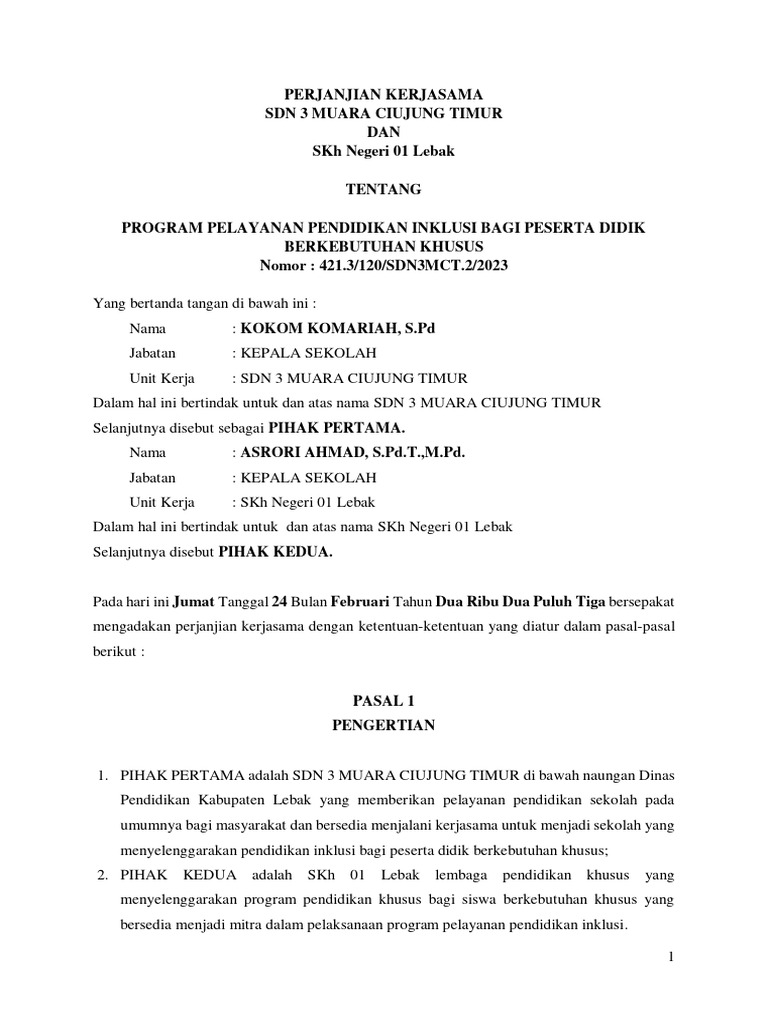 6 Mou Perjanjian SDN 3 MCT Dan SKH 01 Lebak | PDF