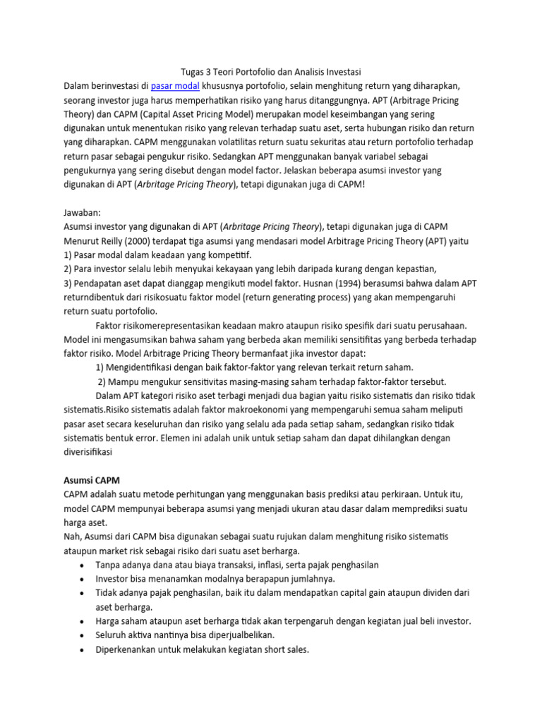 Tugas 3 Teori Portofolio Dan Analisis Investasi | PDF