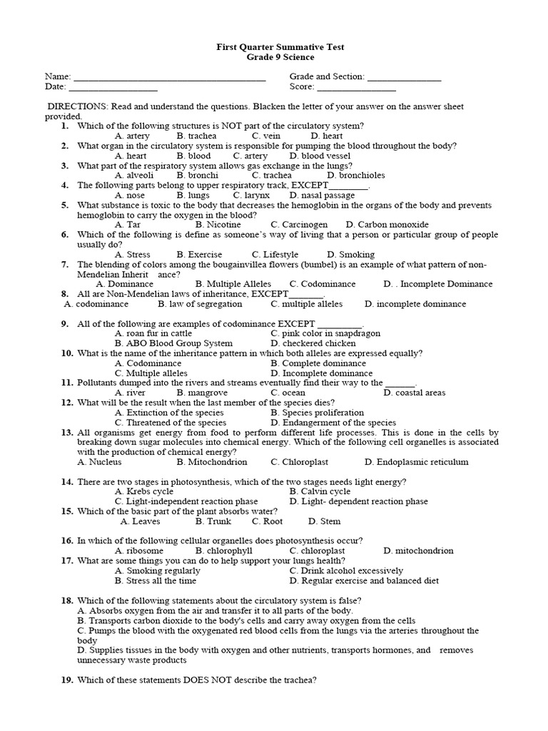 Grade 9 Respiratory System Quiz | PDF | Respiratory System | Lung