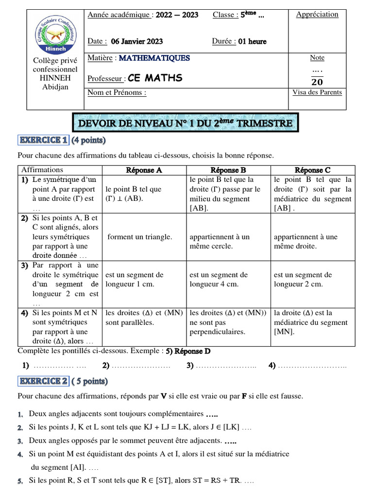 Exercices de mathématiques 7ème année | PDF | Euclide | Géométrie ...