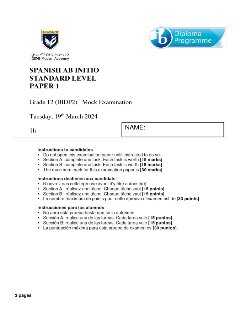 Spanish Ab Initio Paper 1 TZ1 SL Spanish | PDF