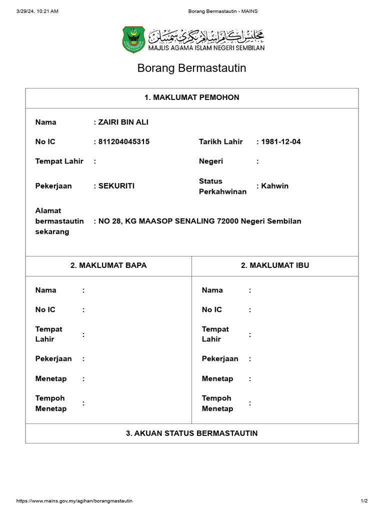 Borang Bermastautin - MAINS | PDF