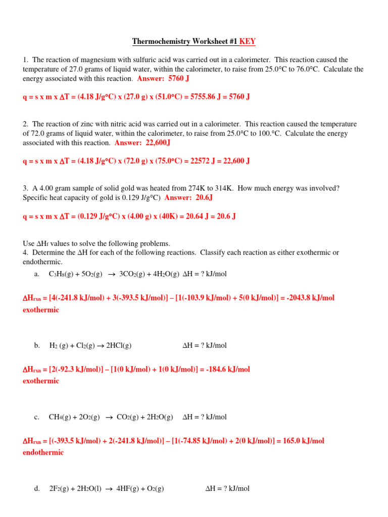 Thermochemistry Worksheet 1 and 2 KEY | PDF | Propane | Chemical Reactions