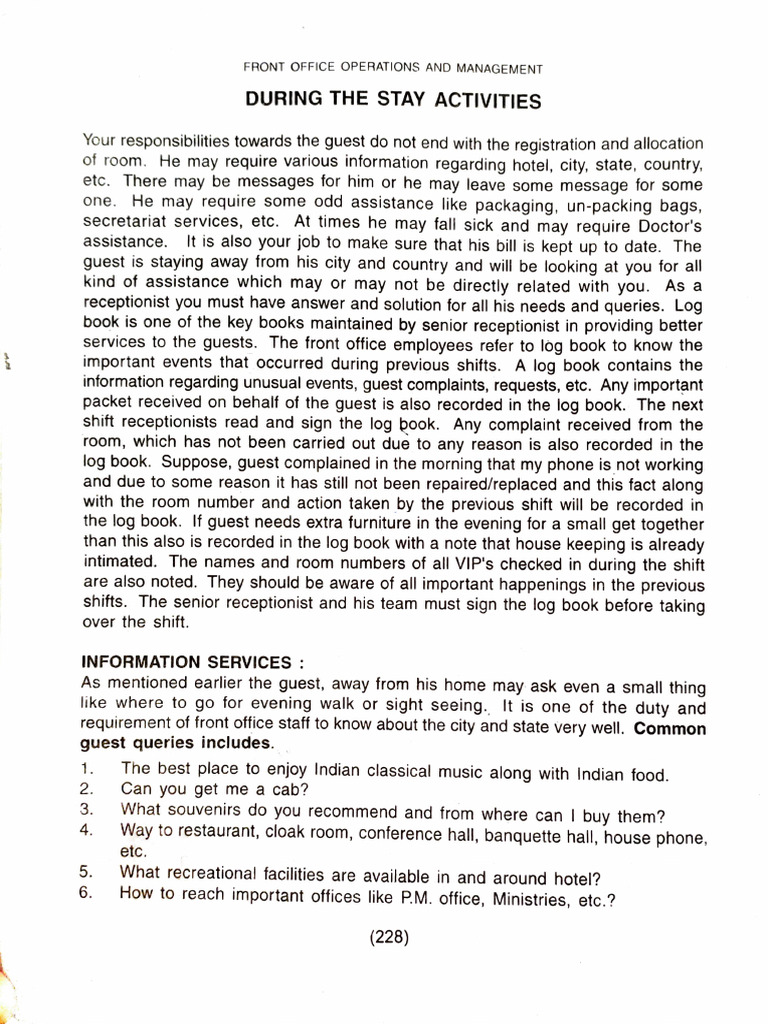 During The Stay Activities Front Office Notes | Download Free PDF ...