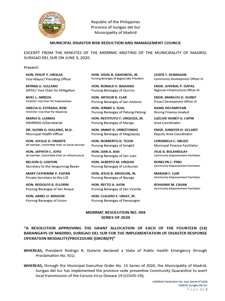 DROMP - MDRRMC Resolution 004 - Approving Allocation Per Barangay | PDF | Emergency Management