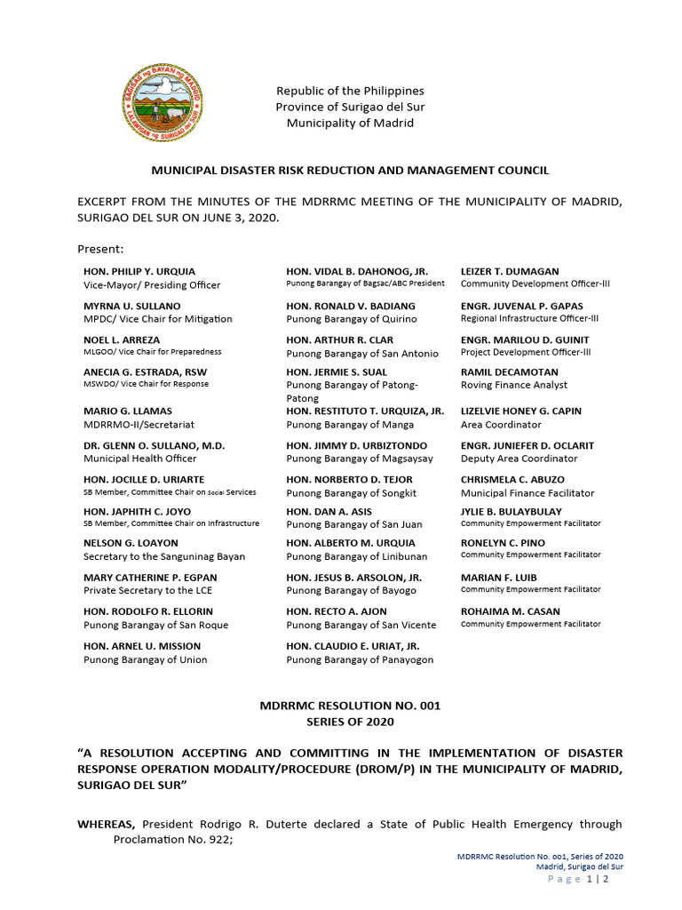 DROMP - MDRRMC Resolution 001 - Adopting DROMP | PDF | Social Science