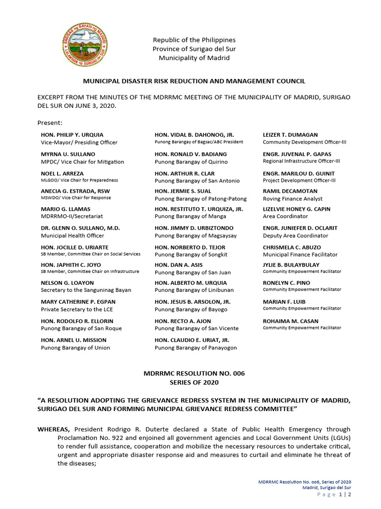 DROMP - MDRRMC Resolution 006 - Adopting GRS and Forming MGRS Commitee ...