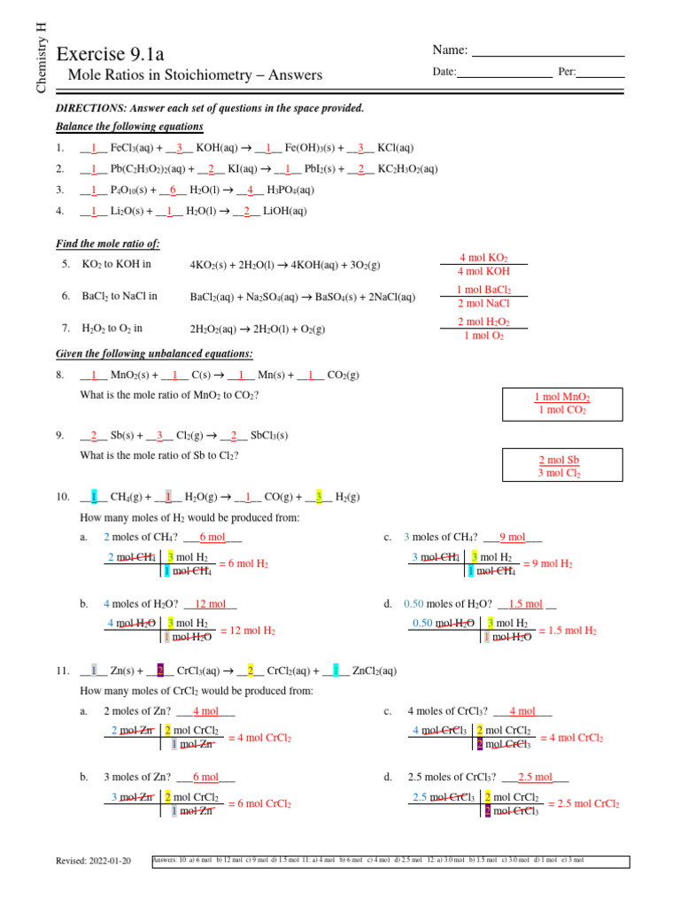 Exercise 9.1ah - Mole Ratios in Stoichiometry - Answers | PDF | Mole ...