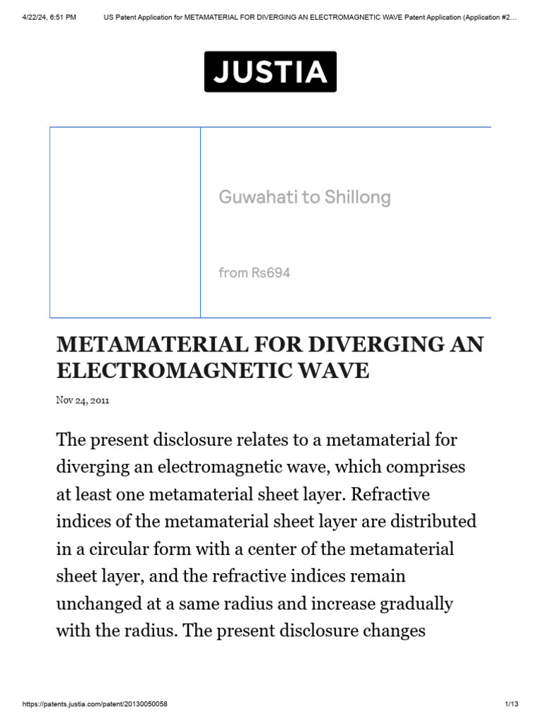 Us Patent Application For Metamaterial For Diverging An Electromagnetic Wave Patent Pdf
