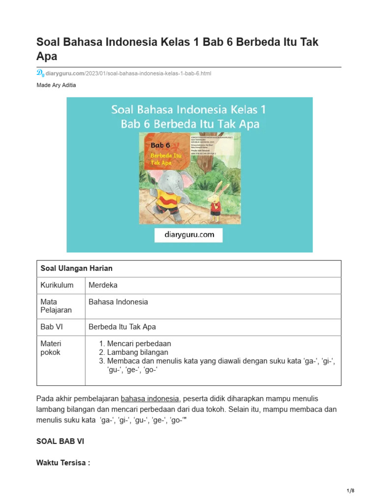 Soal Bahasa Indonesia Kelas 1 Bab 6 | PDF | Seni & Disiplin Bahasa