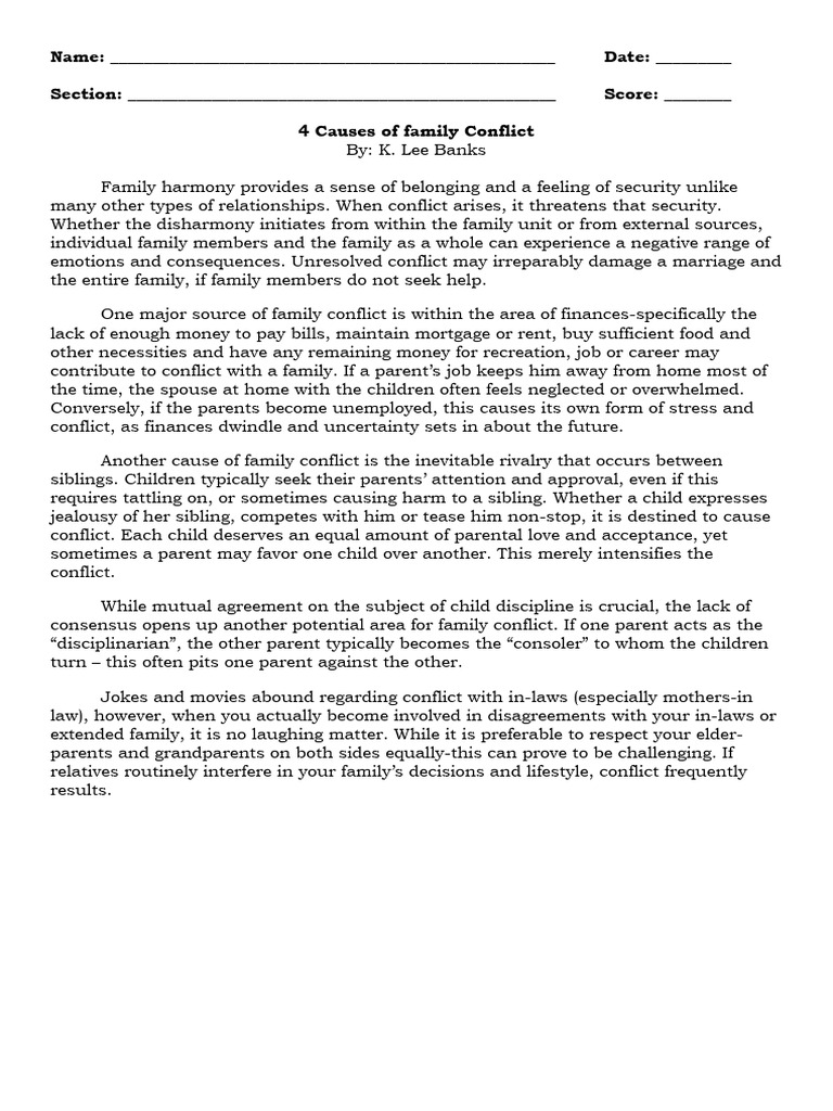 Family Conflict Worksheet | PDF | Family | Sibling
