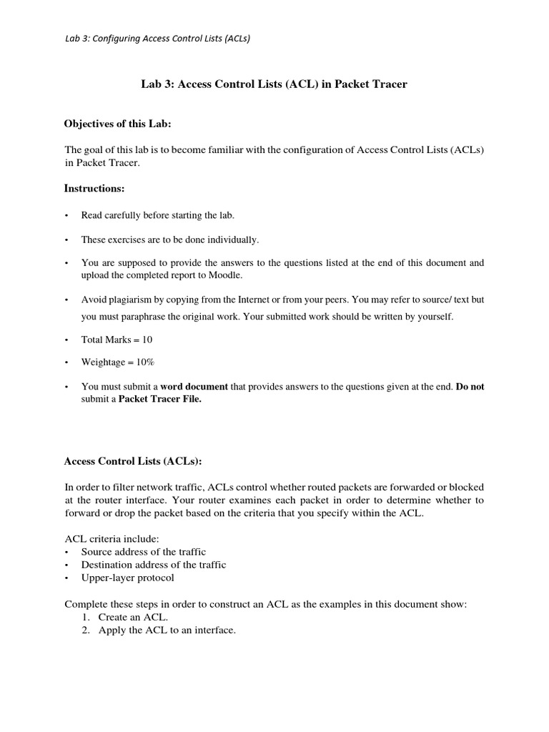 Configure ACLs in Packet Tracer | PDF | Internet Protocols | Router (Computing)