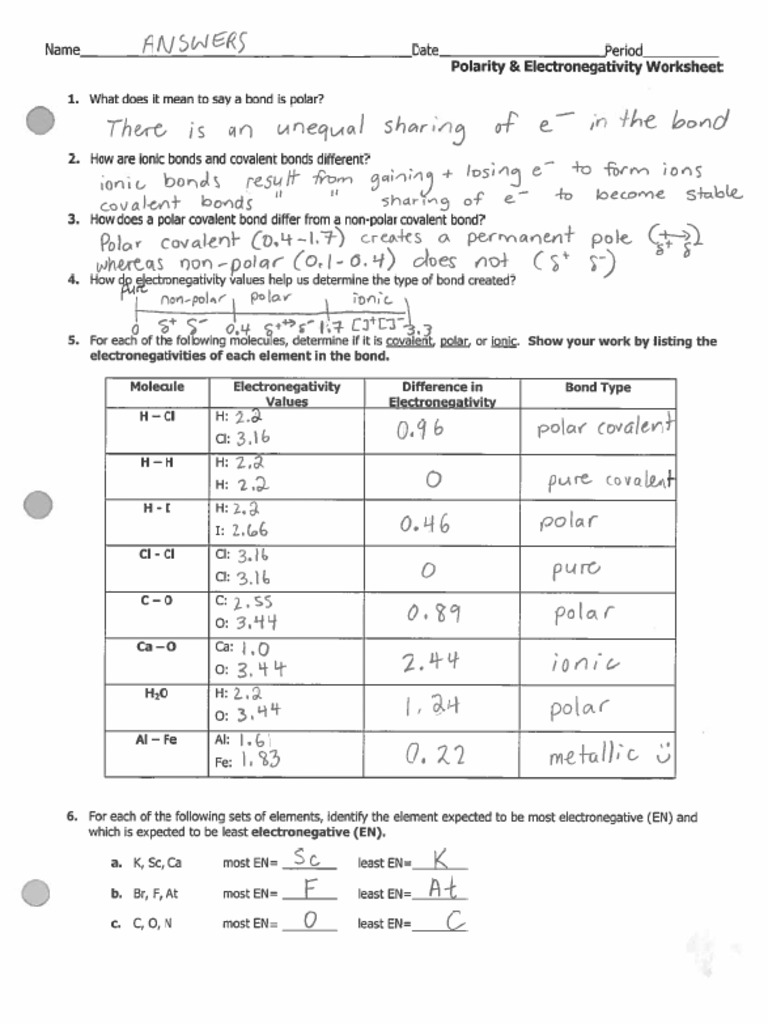 3u Polarity and Electronegativity Ws Answers | PDF