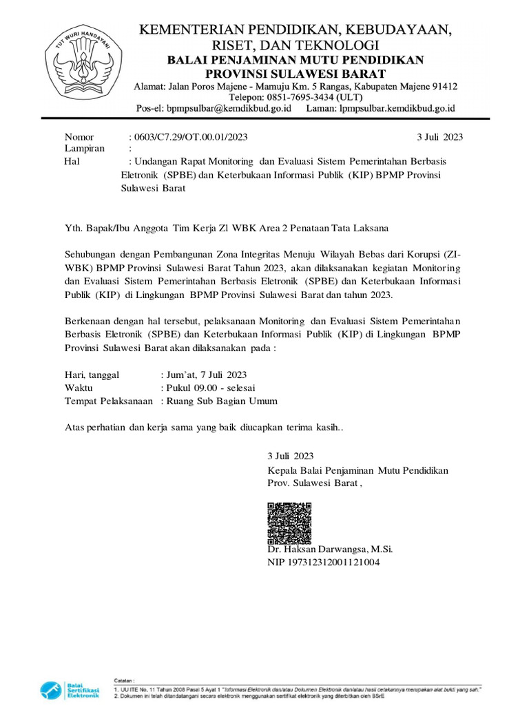 Undangan Rapat Monitoring Dan Evaluasi Sistem Pemerintahan Berbasis Eletronik (SPBE) Dan ...