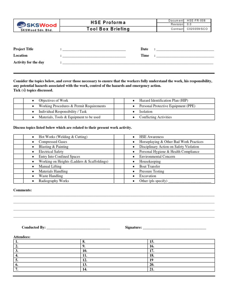 Toolbox Briefing Safety Checklist | PDF | Safety | Occupational Safety ...