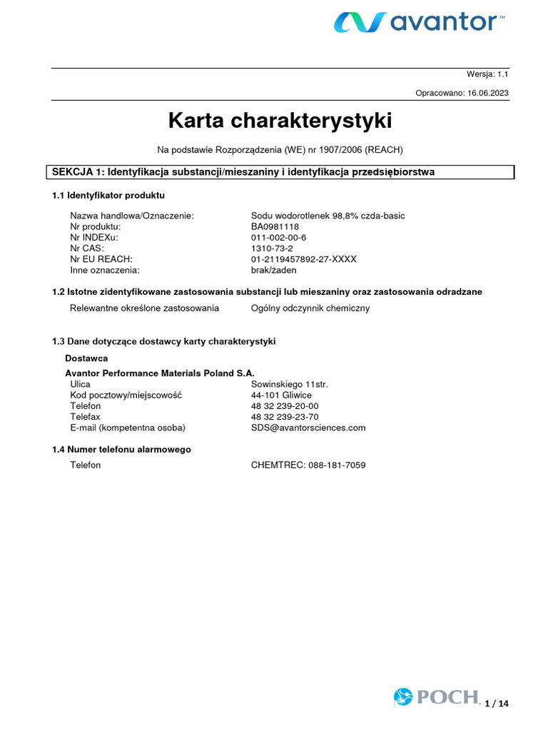 1 MSDS Wodorotlenek Sodu Avantor | PDF