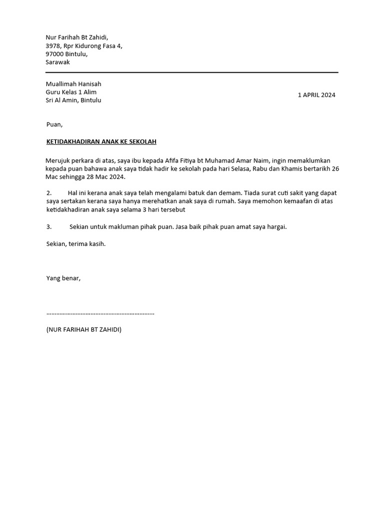 Template Kosong Surat Tidak Hadir Sekolah PDF Free | PDF