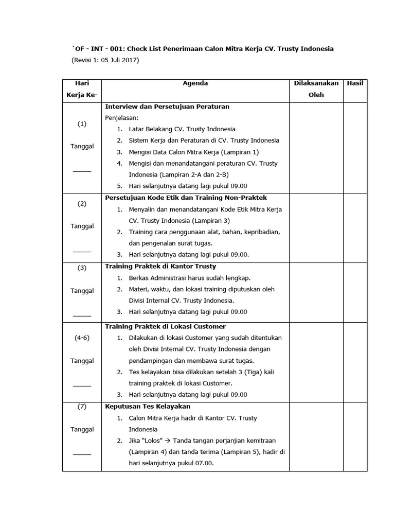 OF - INT - 001 Prosedur Penerimaan Calon Mitra Kerja CV. Trusty Indonesia | PDF | Karier ...