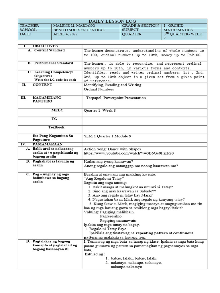Detailed Lesson Plan in Math 1 Q3 | PDF