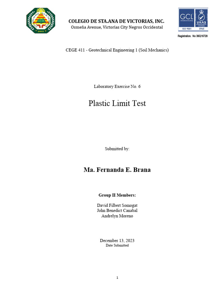 BRANA CEGE411 LAB NO 6 - Plastic Limit Test | PDF