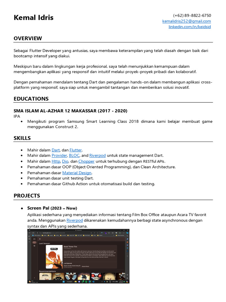 CV ATS Flutter Kemal Idris | PDF