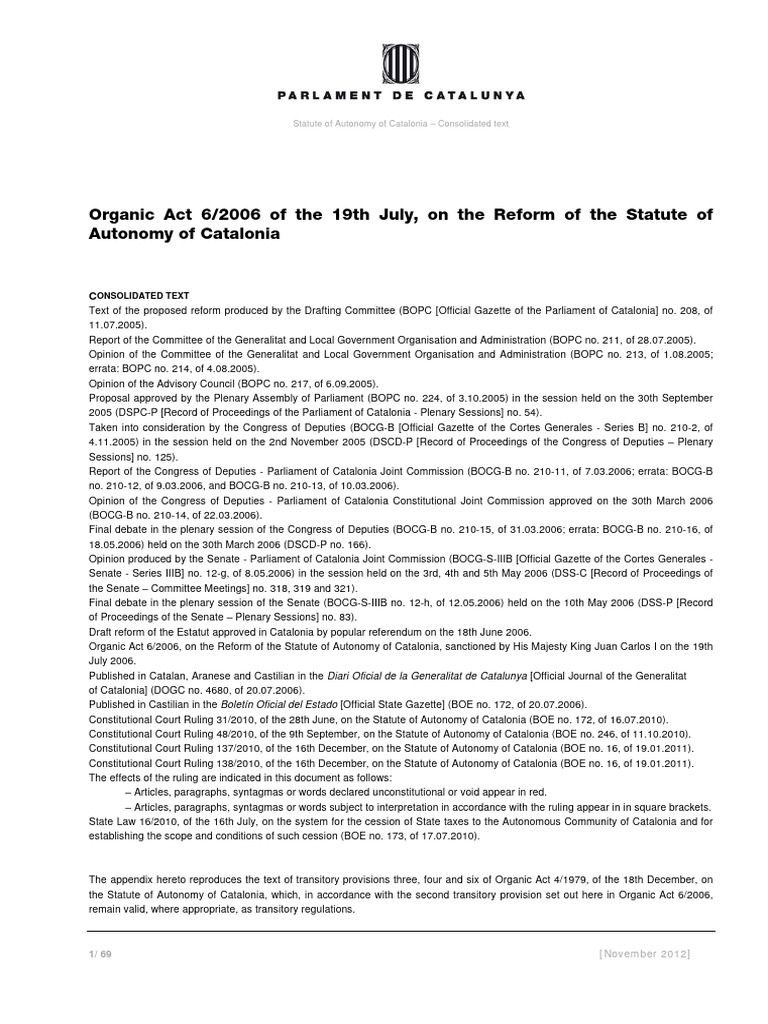 Statute of Autonomy of Catalonia Text | PDF | Catalonia | Parliament