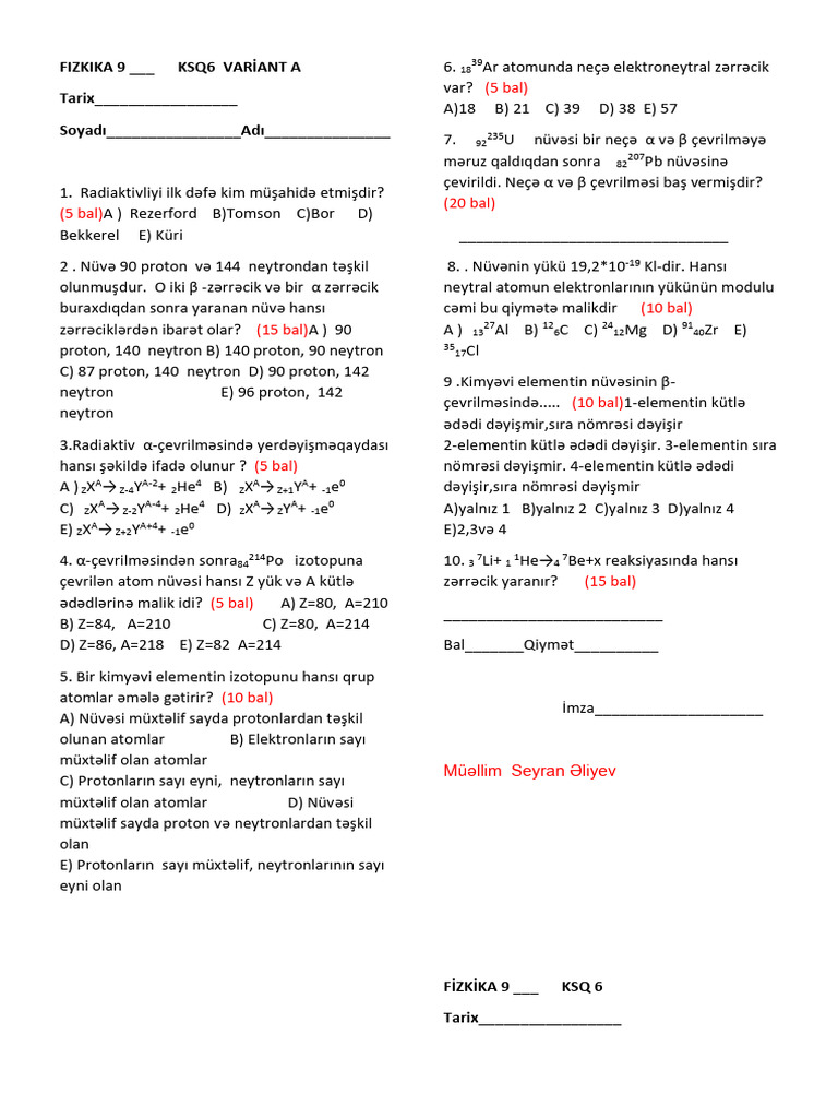 Fizika - IX Sinif. KSQ-6 | PDF