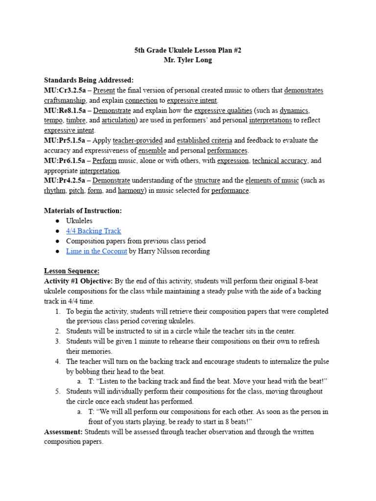 5th Grade Ukulele Lesson Plan | PDF | Learning | Cognition