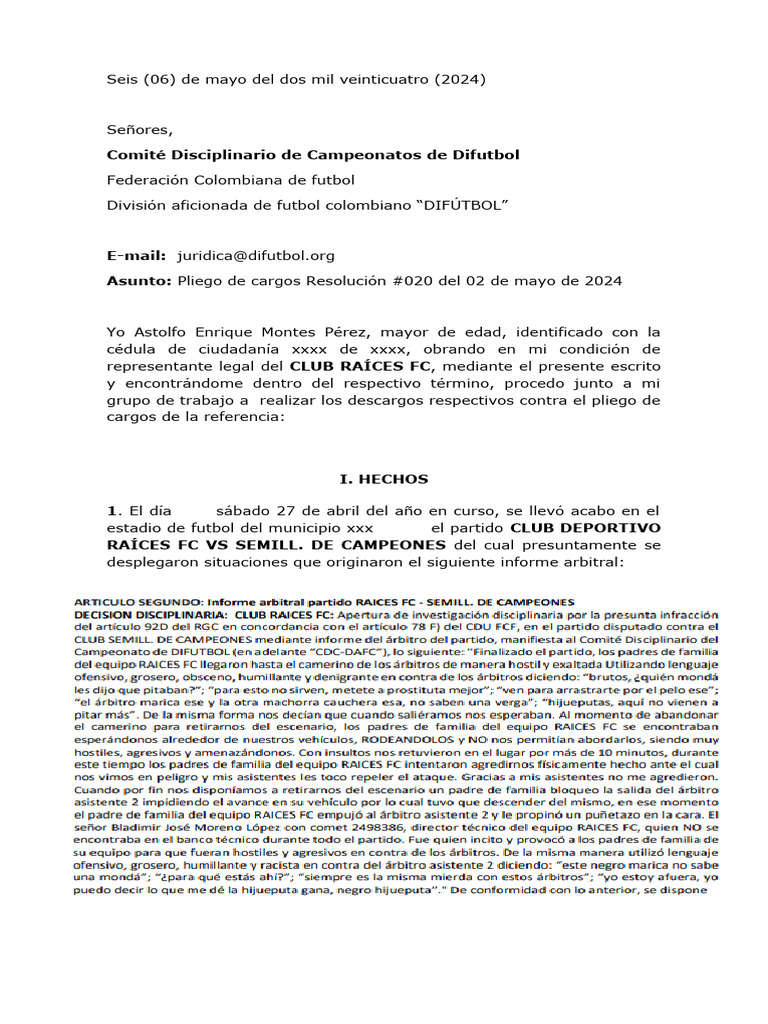 Escrito Club Raices FC | PDF | Derecho penal | Justicia