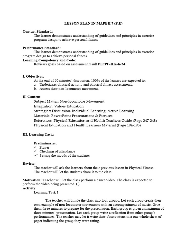 MAPEH 7 PE Lesson Plan: Non-Locomotor Movement | PDF | Learning | Teachers