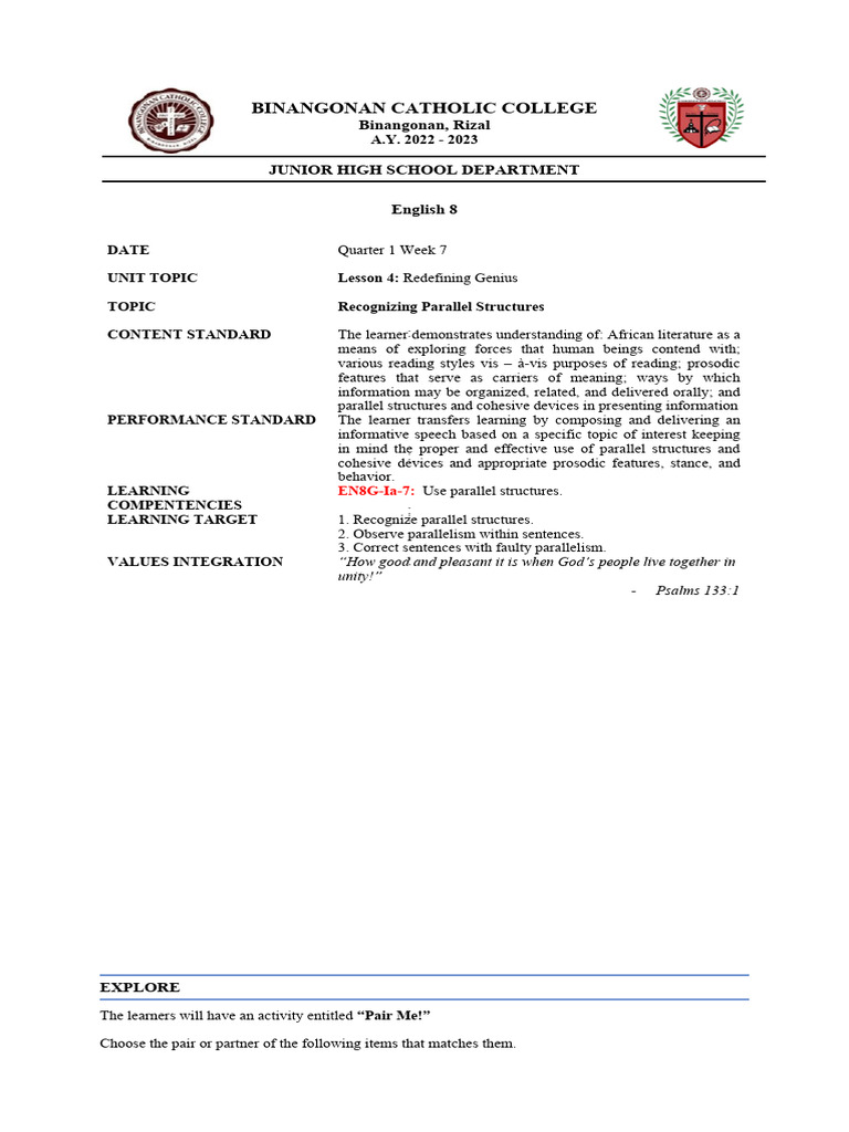 Q1. L7. Recognizing Parallel Structures | PDF | Learning | Cognitive ...