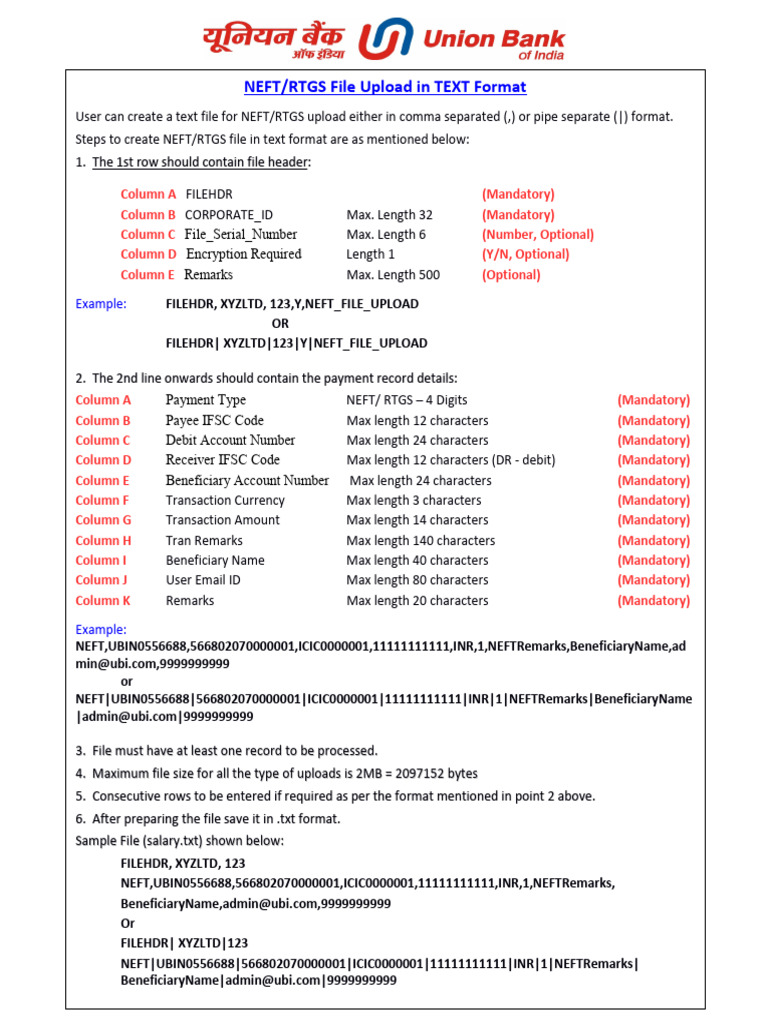Sample NEFT Format | PDF | Payments | Text File