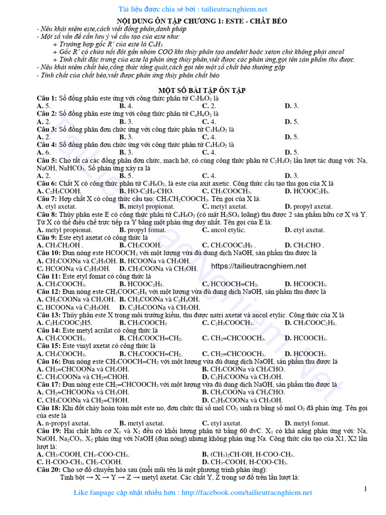 On Tap Hoa Hoc 12 Chuong1 ESTE CHAT BEO (TaiLieuTracNghiem - Net) | PDF