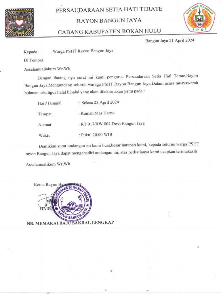Surat Undangan Warga PSHT Rayon Bangun Jaya | PDF