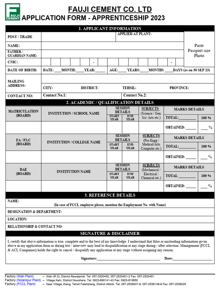 FAUJI CEMENT Apprenticeship Application 2023 | PDF