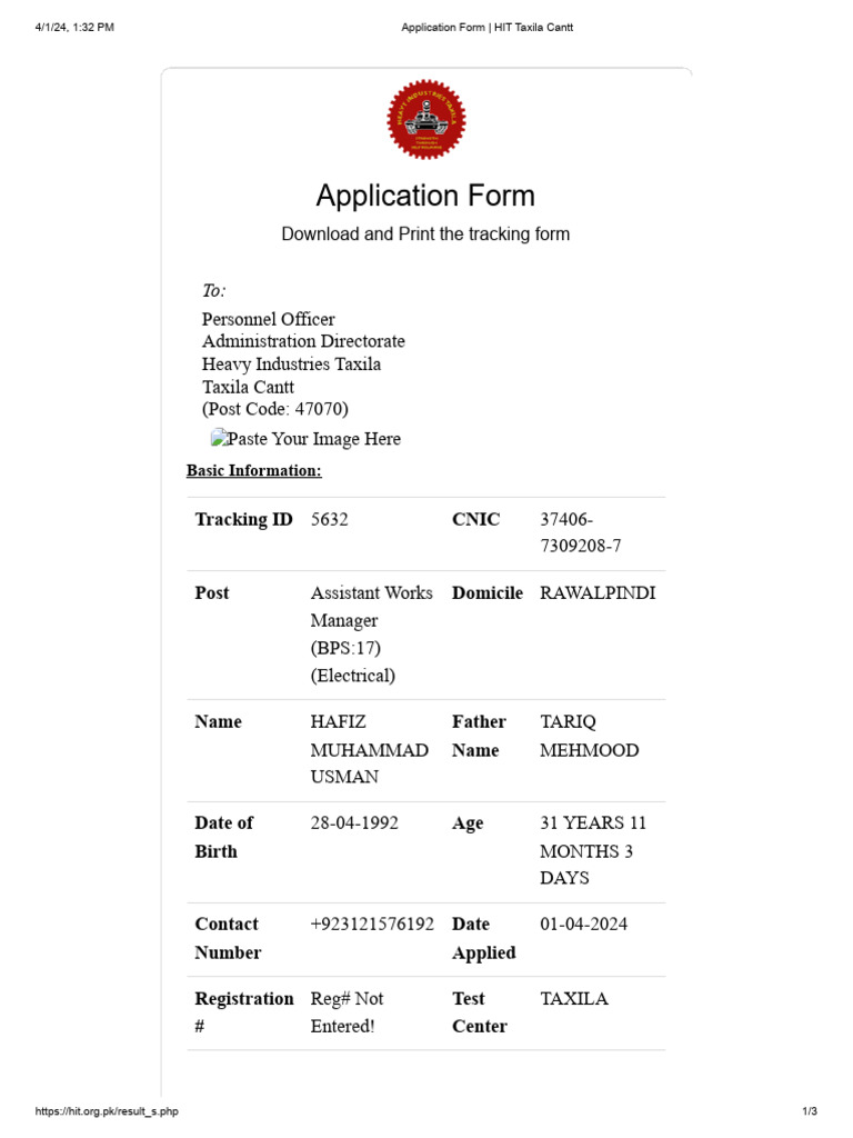 Application Form - HIT Taxila Cantt | PDF