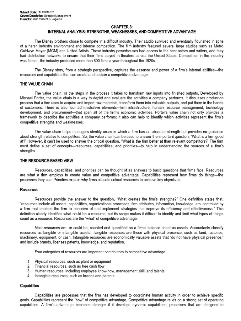 Strat MGT Chapter 3 | PDF | Competitive Advantage | Resource