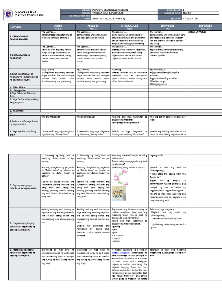 DLL - Mapeh 1 - Q4 - W3 | PDF
