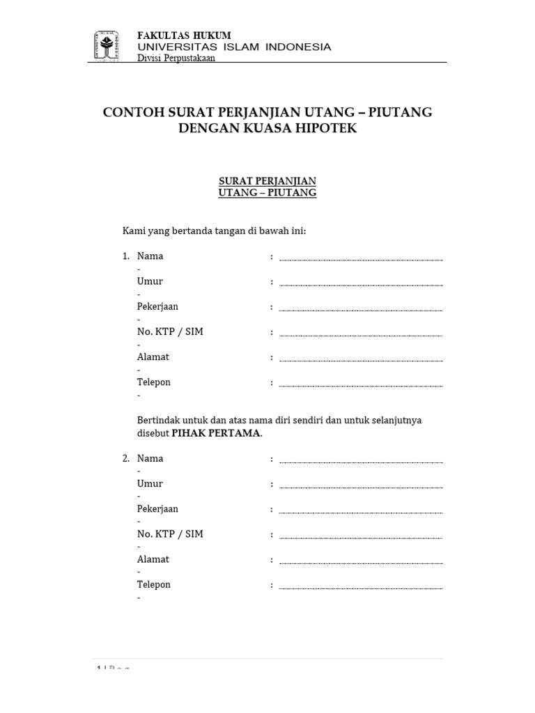 Contoh Surat Perjanjian Utang Piutang | PDF