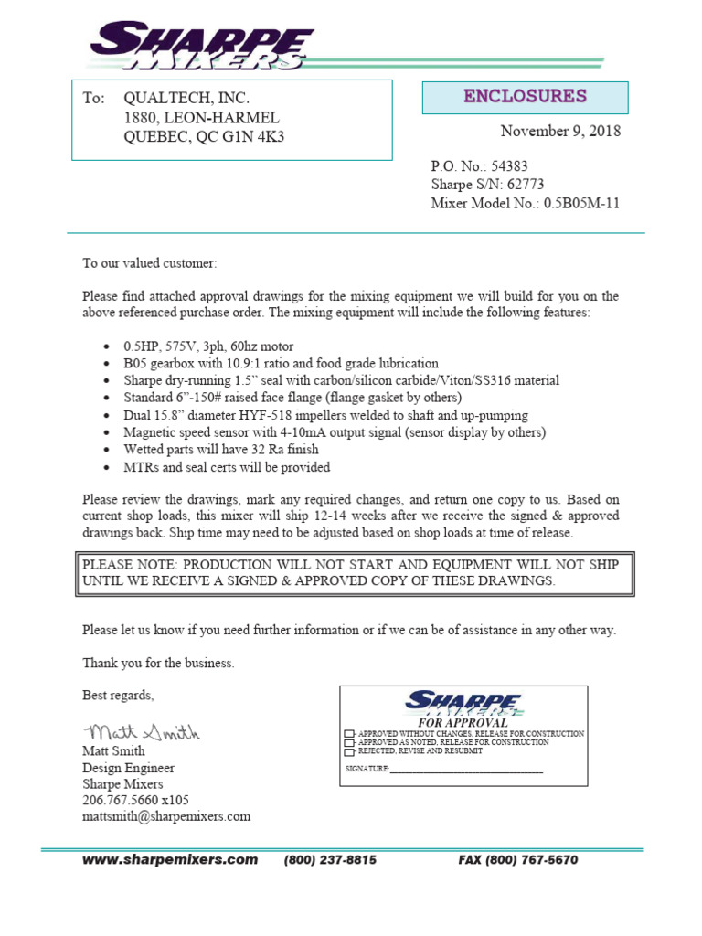 Qualtech PO54383, Sharpe 62773, Mixer Approcal Drawings | PDF ...