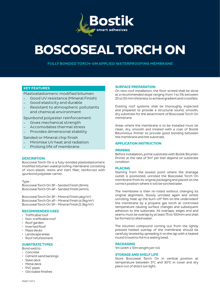 PDS - Boscoseal Torch On - Membrane Type | PDF | Roof | Nonwoven Fabric