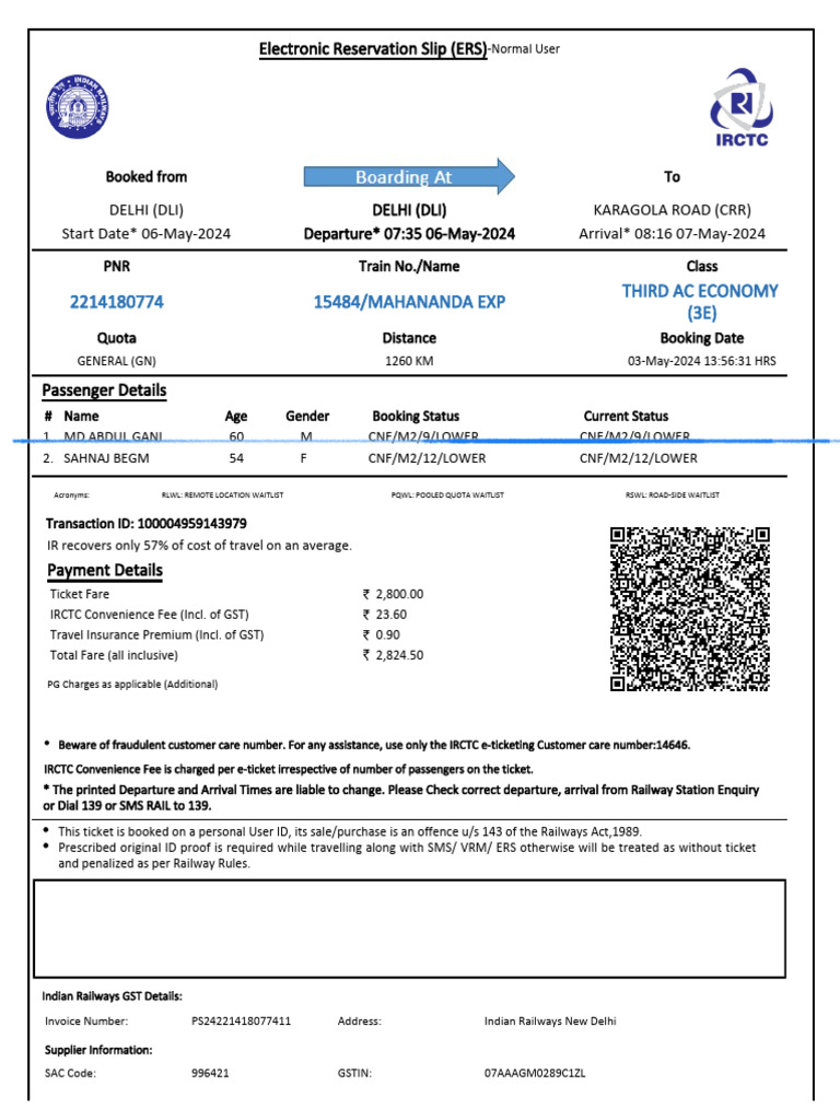 15484 mahananda Exp Third Ac Economy 3E PDF Identity Document