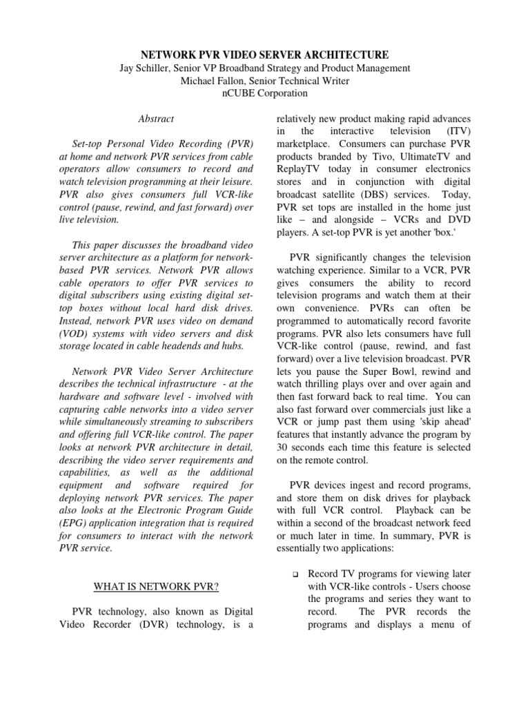2002 Network PVR Video Server Architecture | PDF | Digital Video Recorder | Video On Demand