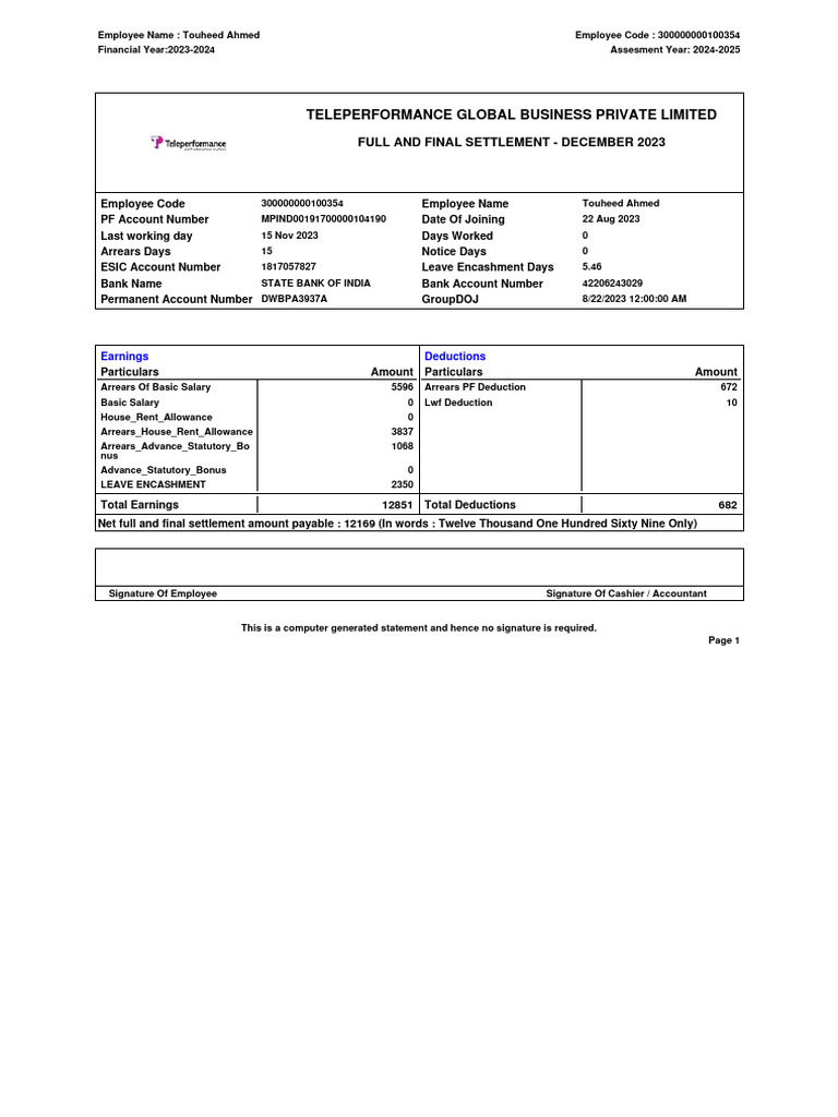 Teleperformance Global Business Private Limited: Full and Final ...