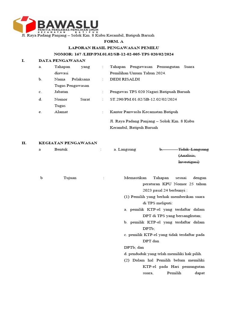 FORM A Pengawasan Pemungutan Dan Penghitungan Suara PTPS BATIPUAH ...