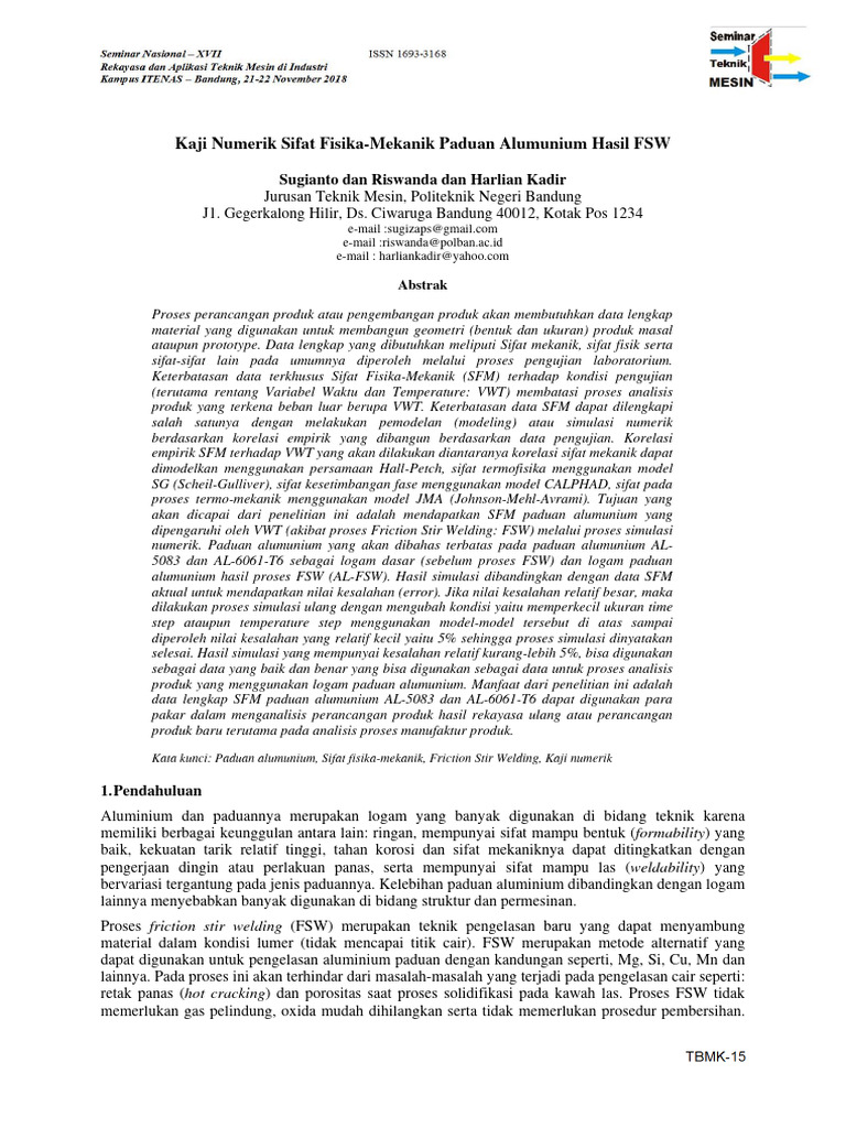 TBMK-3 Kaji Numerik Sifat Fisika-Mekanik Paduan Alumunium Hasil FSW | PDF