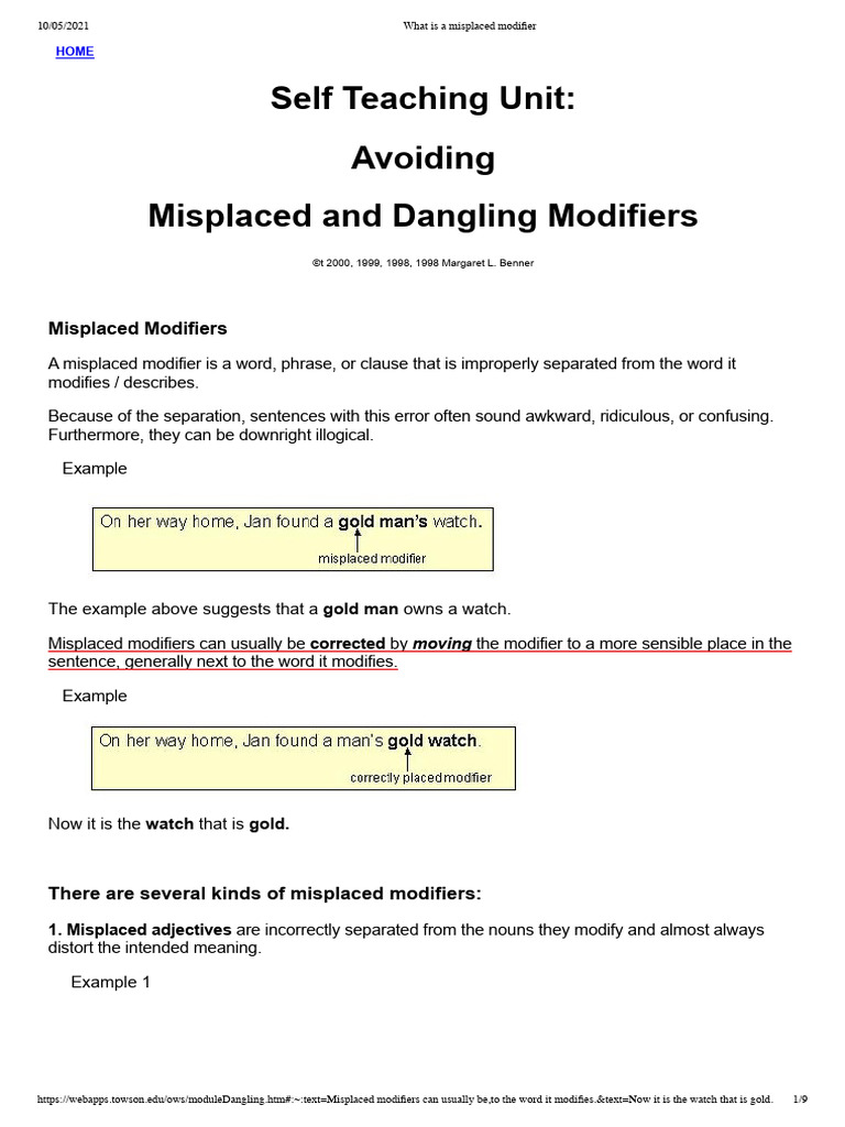 Dangling and Misplaced Modifiers | PDF | Adverb | Sentence (Linguistics)