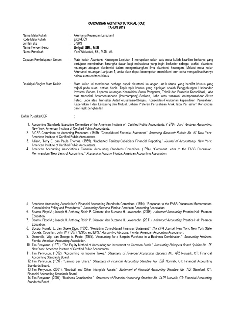 Rancangan Aktivitas Tutorial Eksi4309 Akuntansi Lanjutan I | PDF