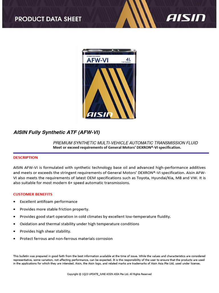Aisin Fully Synthetic Afw-Vi PDS 2023 | PDF | Automotive Industry | Motor Vehicle