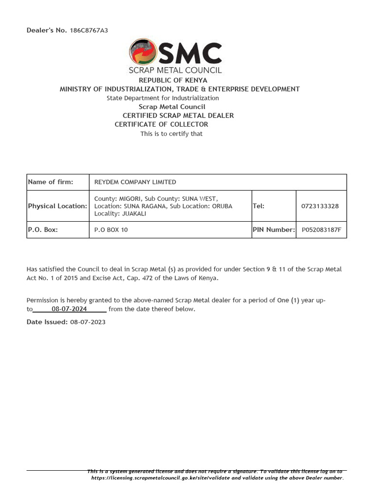 SCRAP METAL CERTIFICATE | PDF